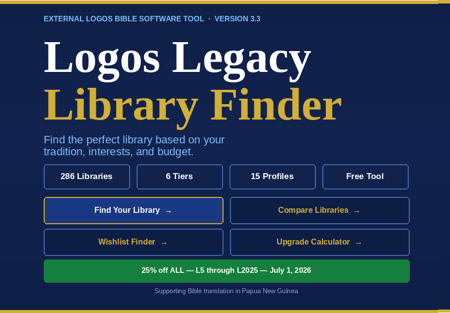 Logos Legacy Library Finder — Compare All Tiers & Versions